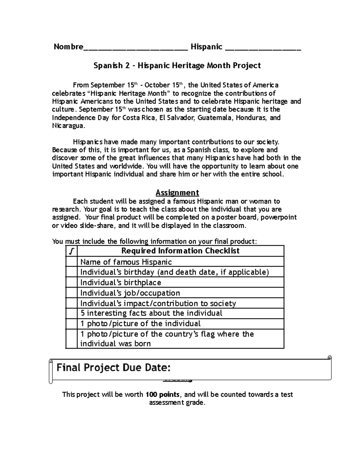 Spanish 2 - Hispanic Heritage Month Project Overview - Studocu