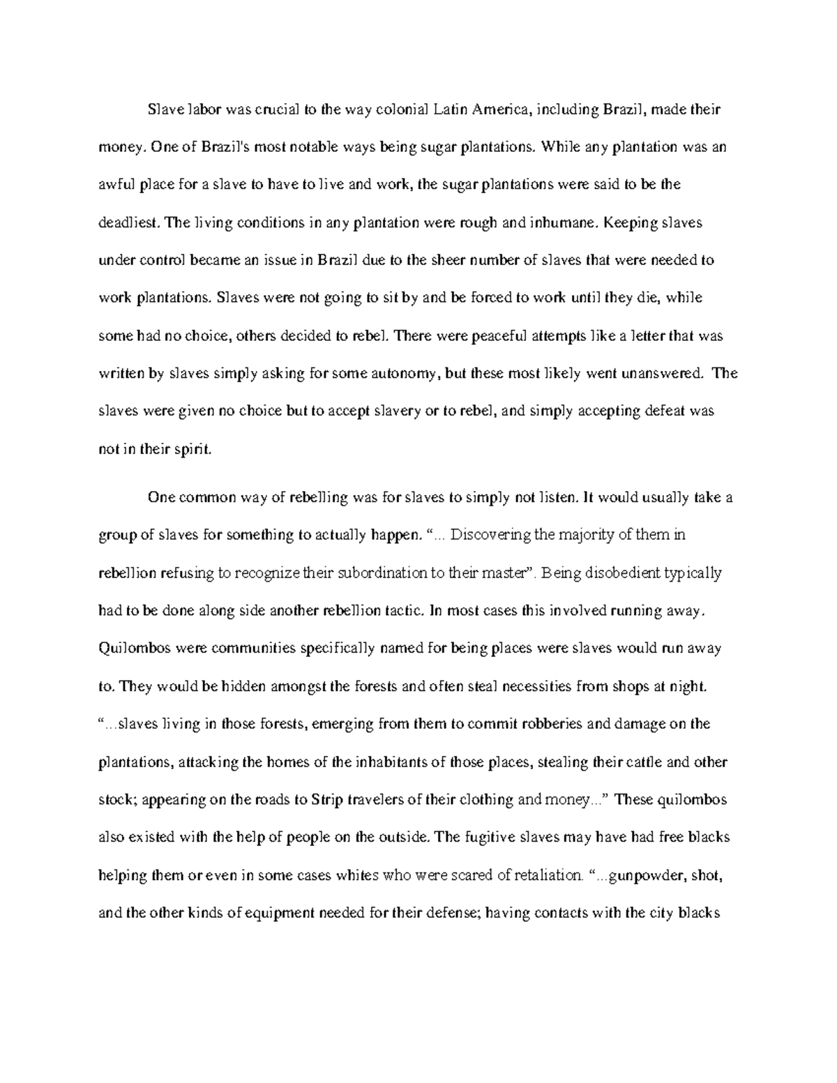 Major Assignment 2 - Slave Rebellion and Resistance in Colonial Brazil ...