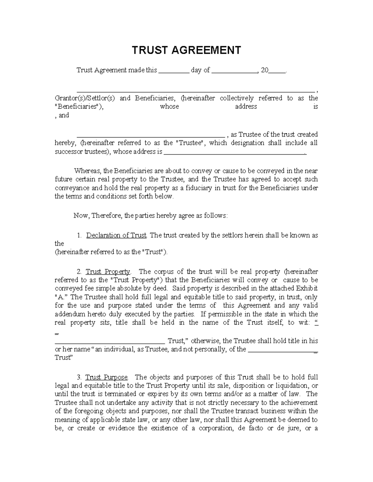 TRUST AGREEMENT: Land Trust Document for Beneficiaries and Trustee ...
