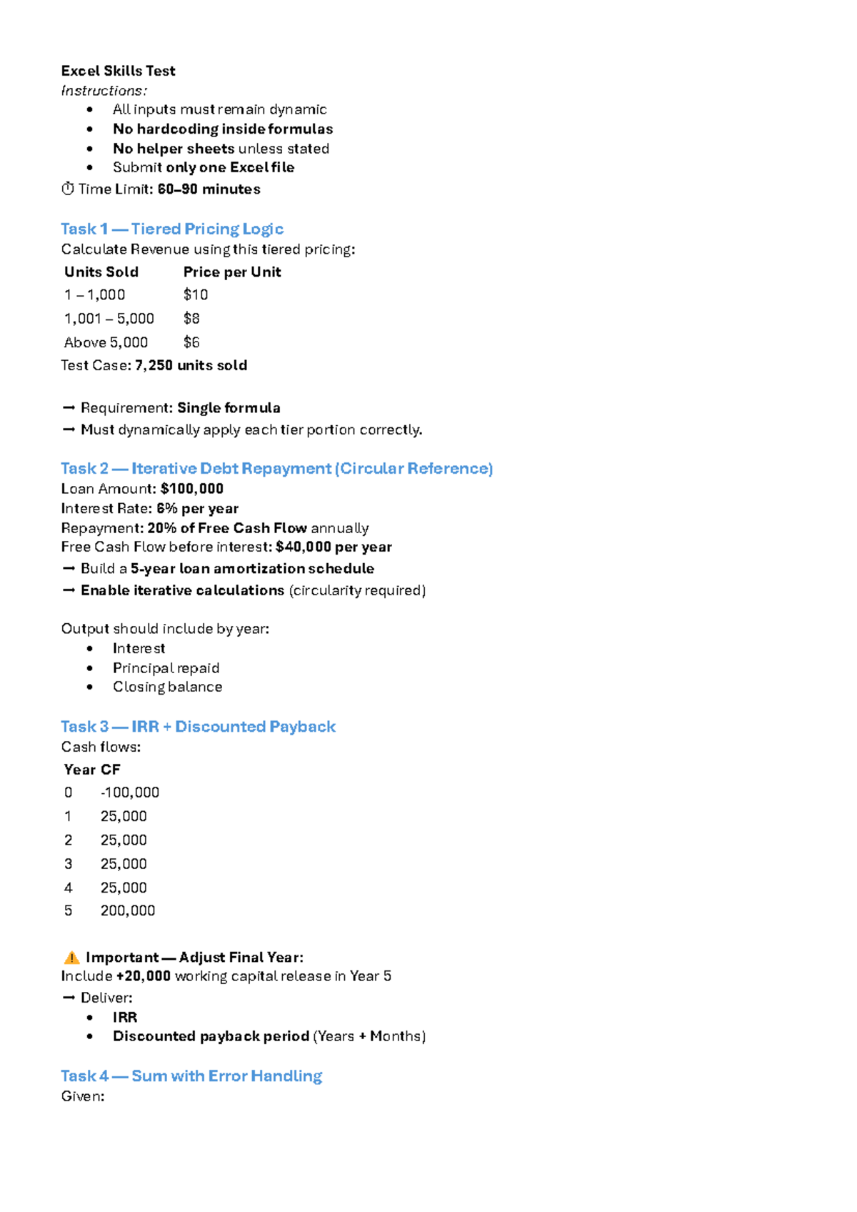 Short Test - Excel Skills (Dynamic Inputs & Calculations) - Studocu