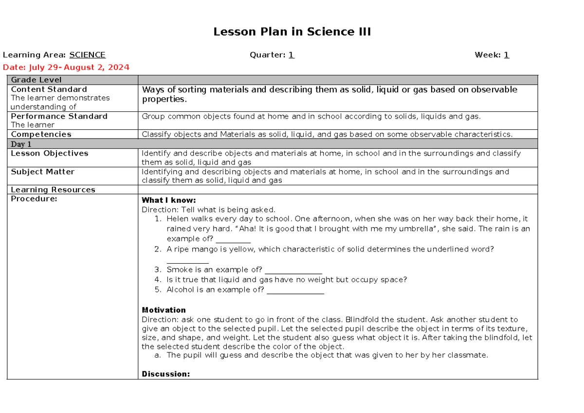 Week 2 Lesson Plan: Exploring Solids, Liquids, and Gases in SCIENCE ...