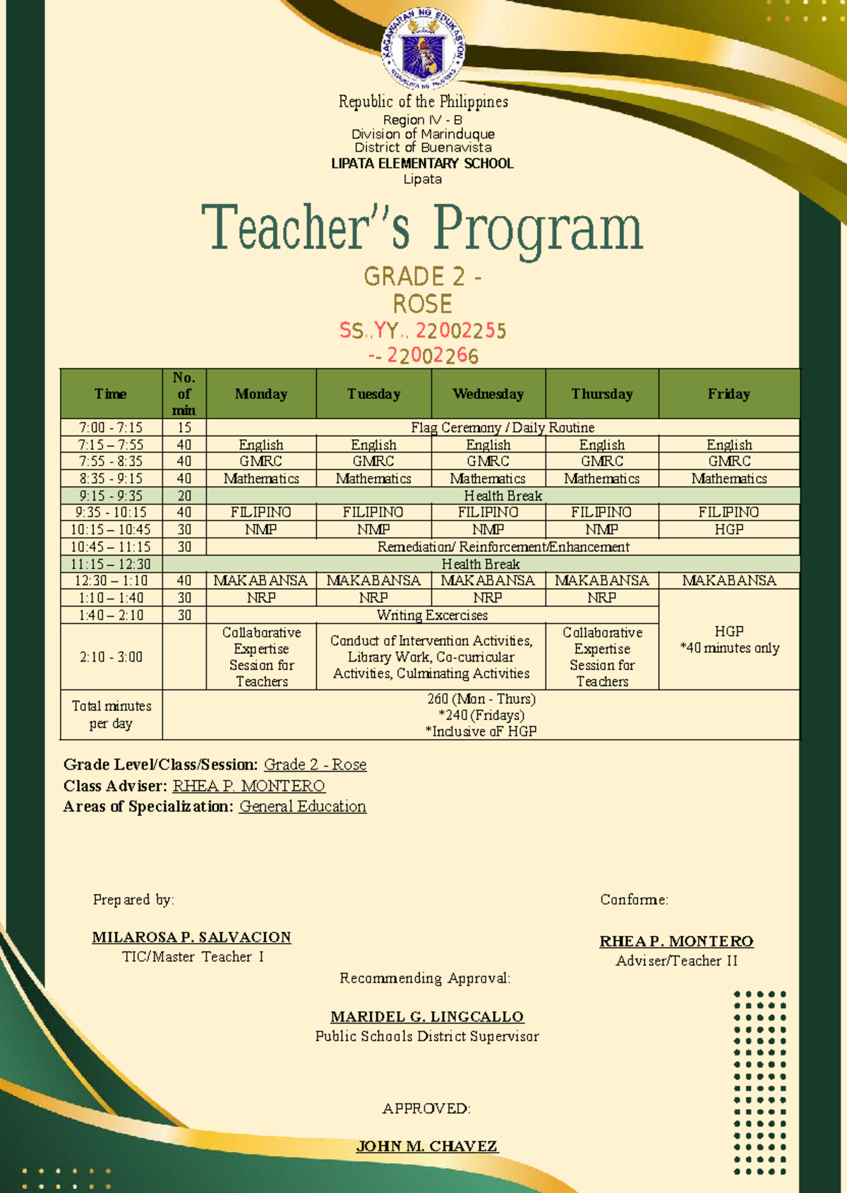 Grade 2 Rose Program Schedule (LIPATA) - Weekly Overview - Studocu