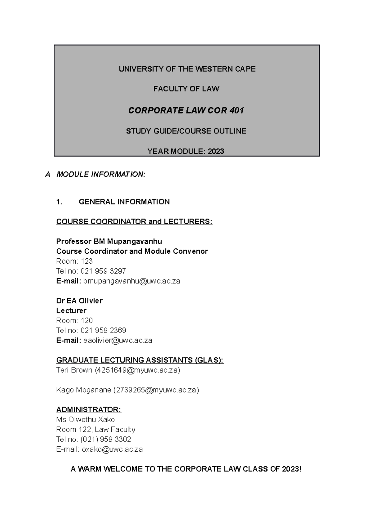 COR 401 Study Guide: Corporate Law Course Outline 2023 - Studocu