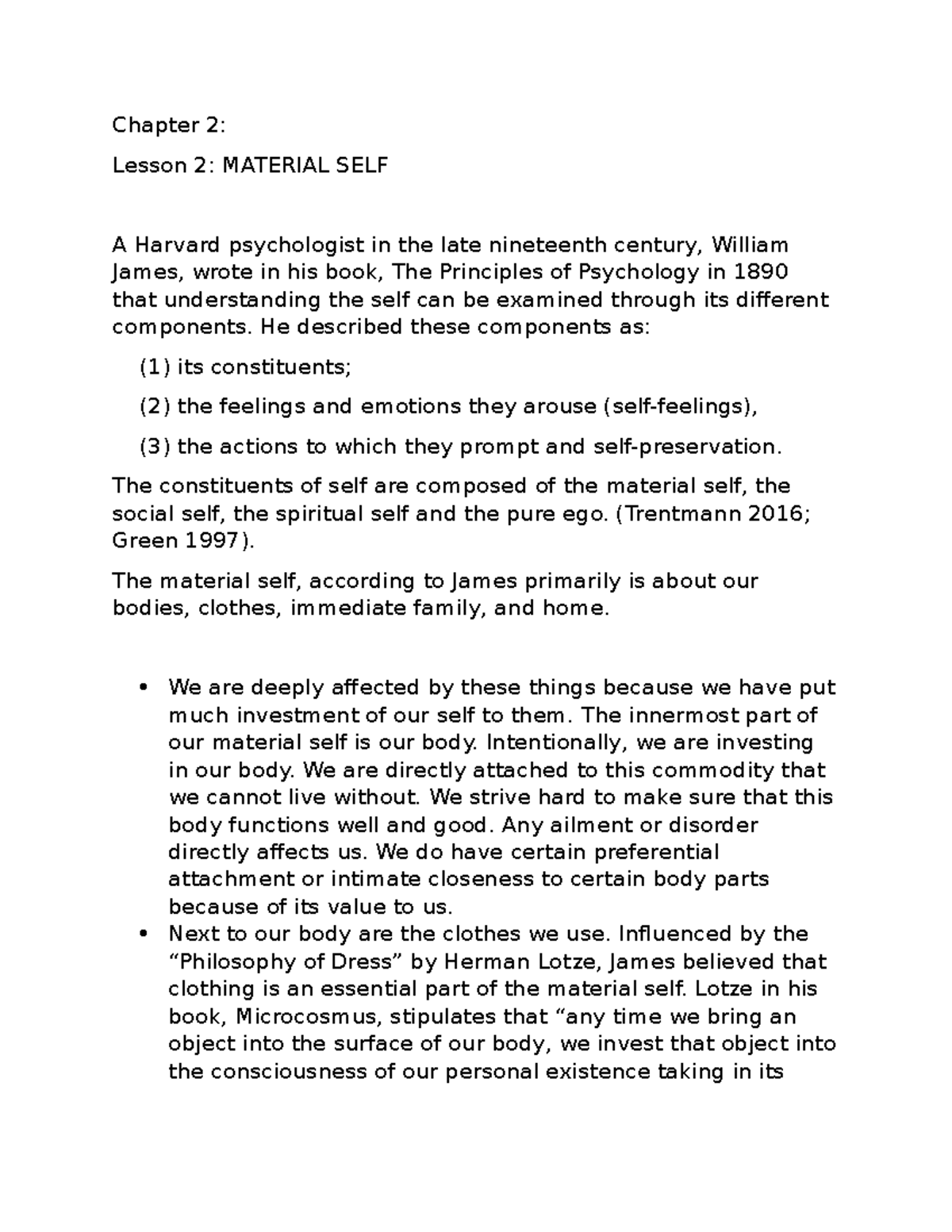 Understanding the Material Self: Insights from Chapter 2 - Studocu