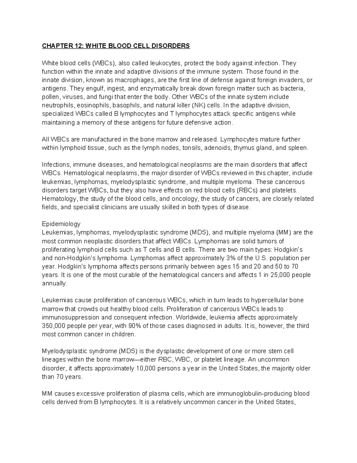 CHAPTER 12: WHITE BLOOD CELL DISORDERS - Key Concepts & Pathophysiology - Studocu