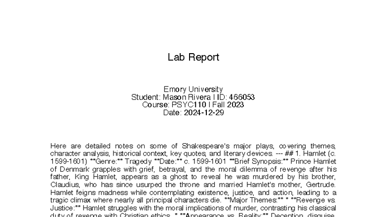 PSYC110 Final Exam Study Notes: Hamlet Analysis and Themes - Studocu