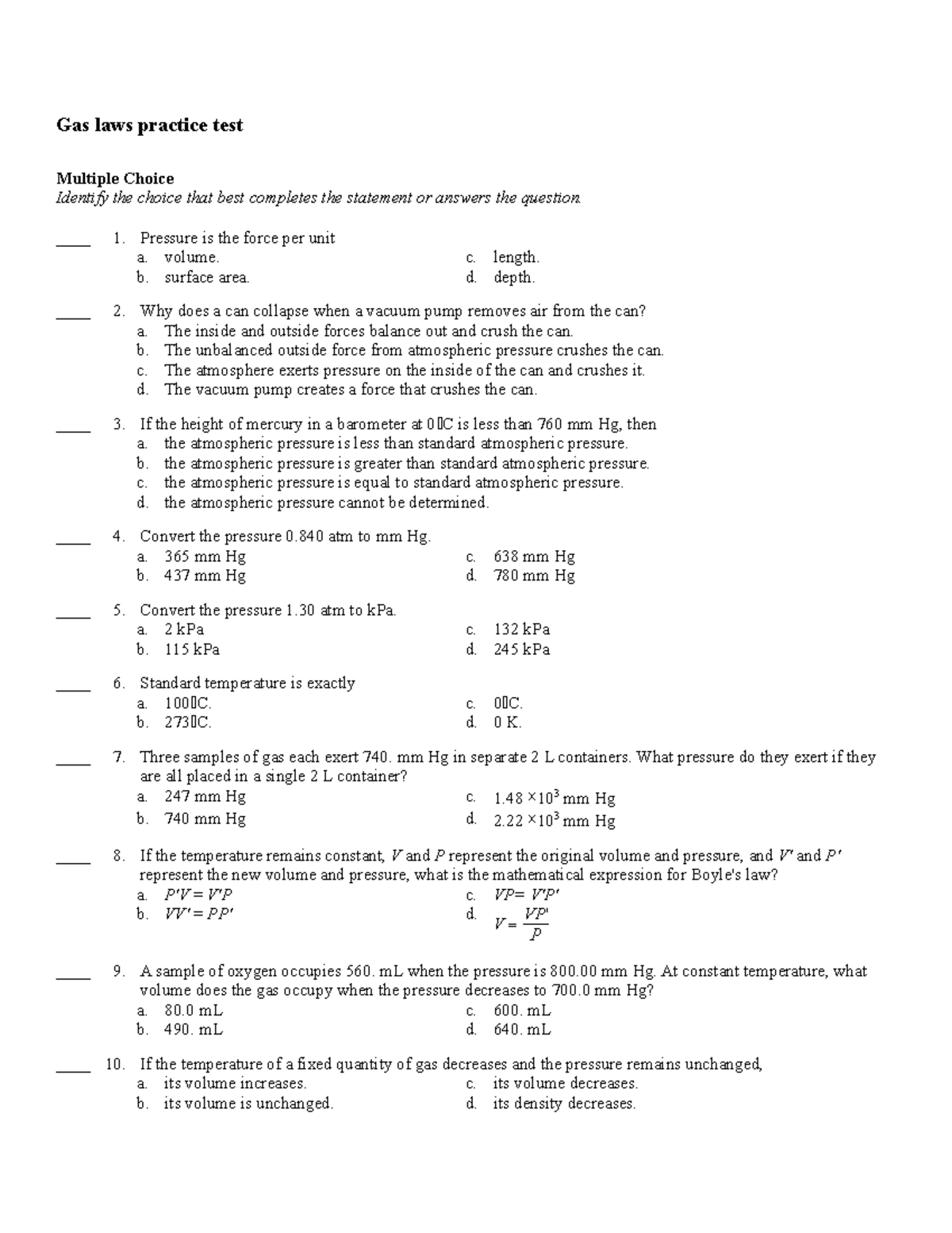 Gas Laws Practice Test Questions & Answers (Chem 101) - Studocu
