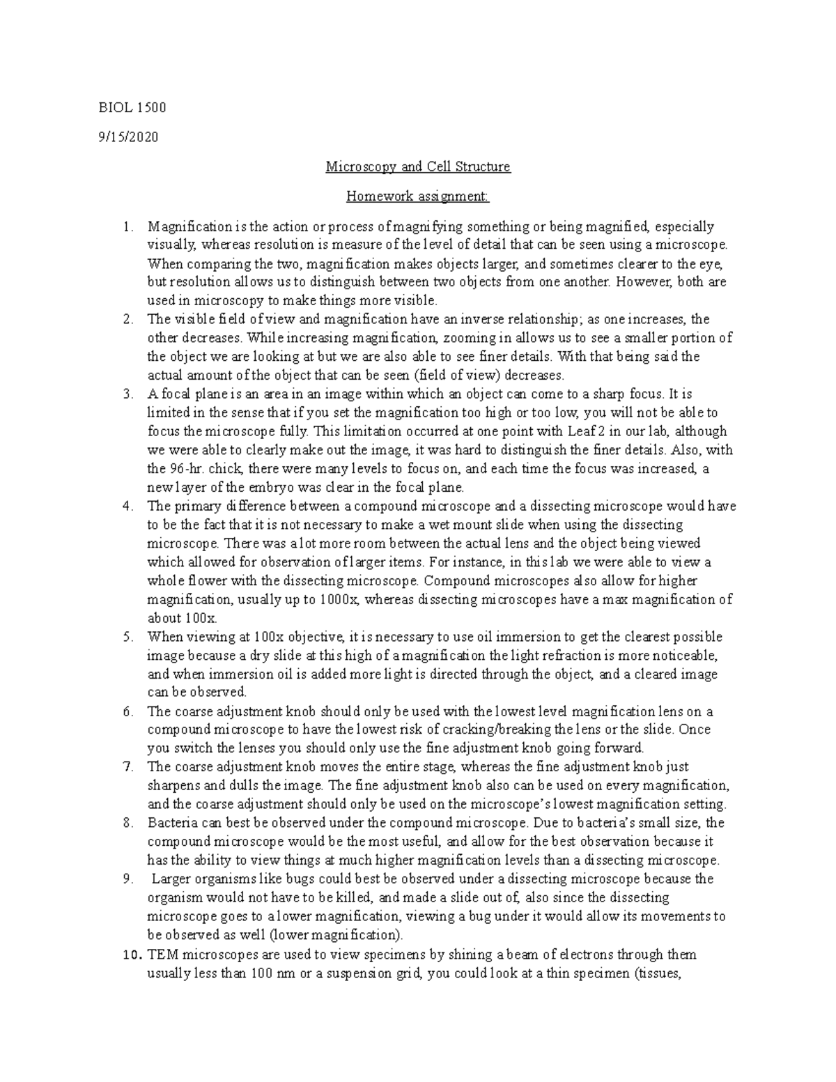 BIOL 1500- Lab 2 Microscopy and Cell Structure- homework questions ...