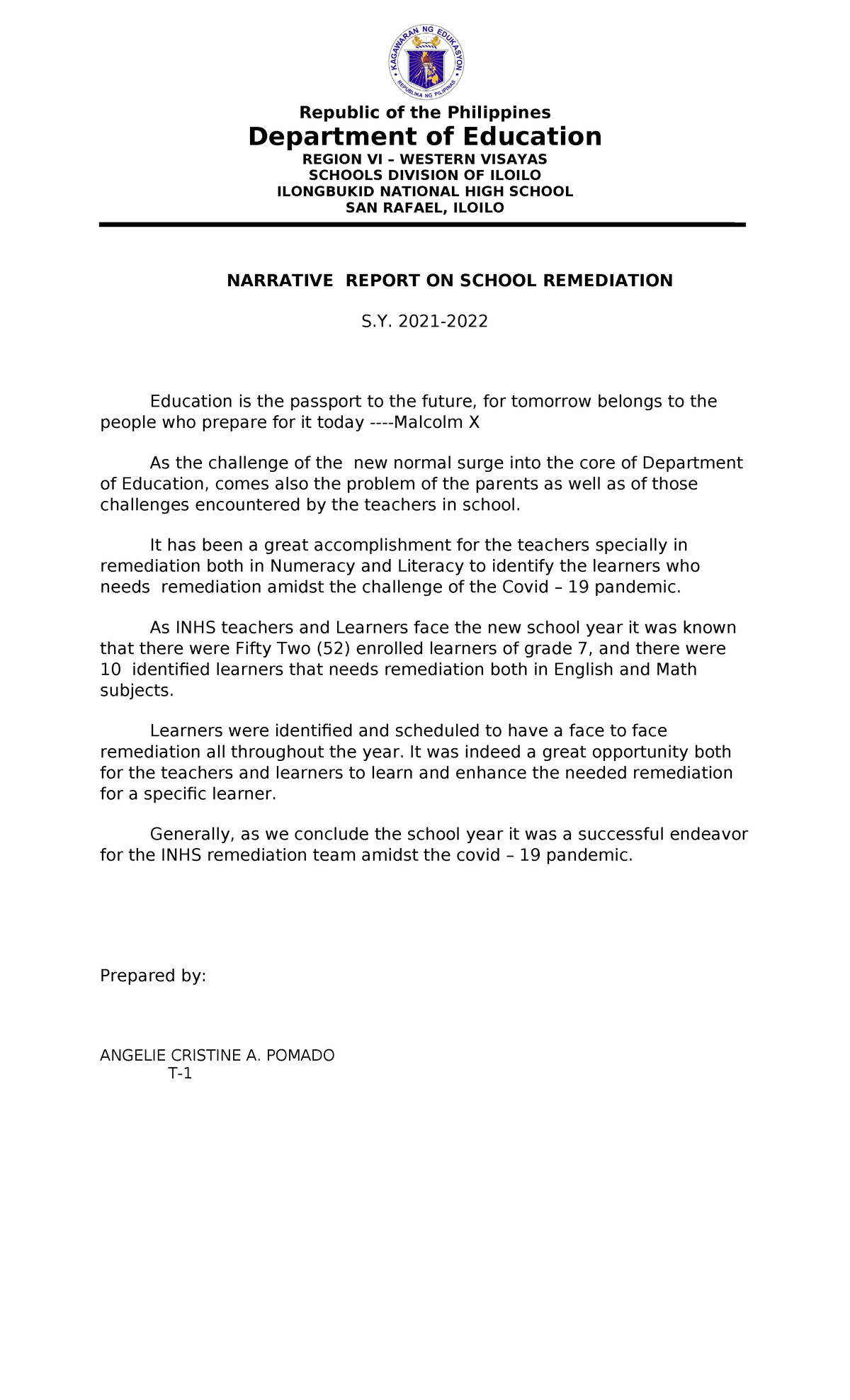 Narrative Report on School Remediation (S.Y. 2021) - INHS - Studocu