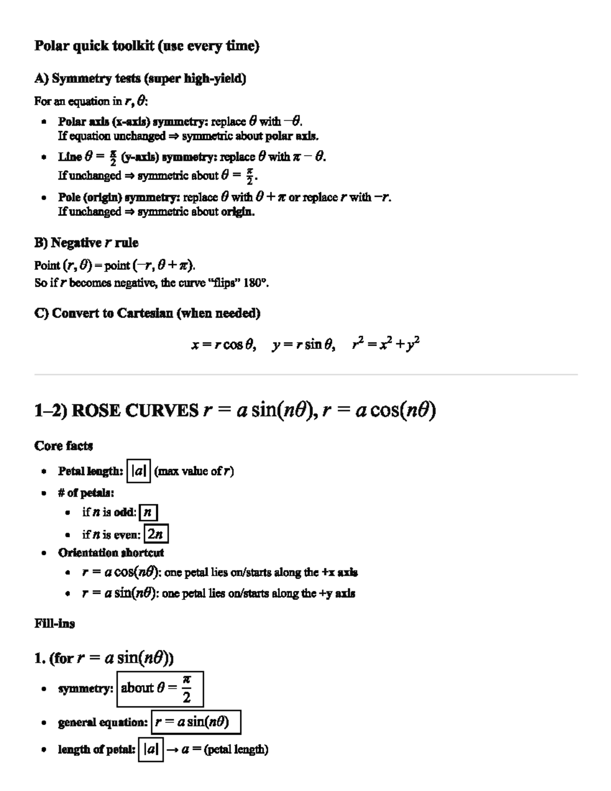 Polar Graphing Notes (MATH 101) - Symmetry, Curves, and Spirals - Studocu