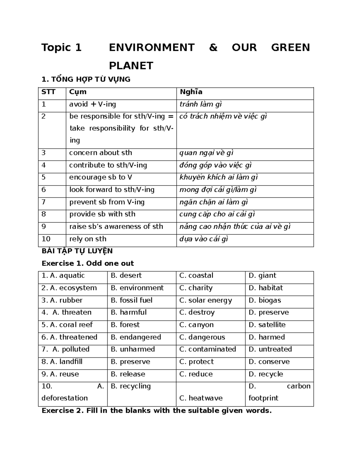 Topic 1: ENVIRONMENT - OUR GREEN PLANET Vocabulary & Exercises - Studocu