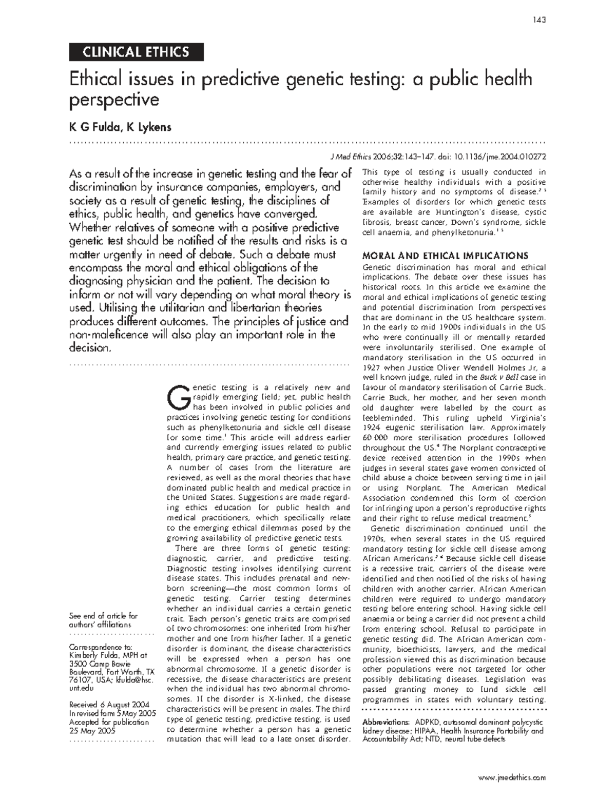 143 CLINICAL ETHICS Ethical Perspectives on Predictive Genetic Testing ...