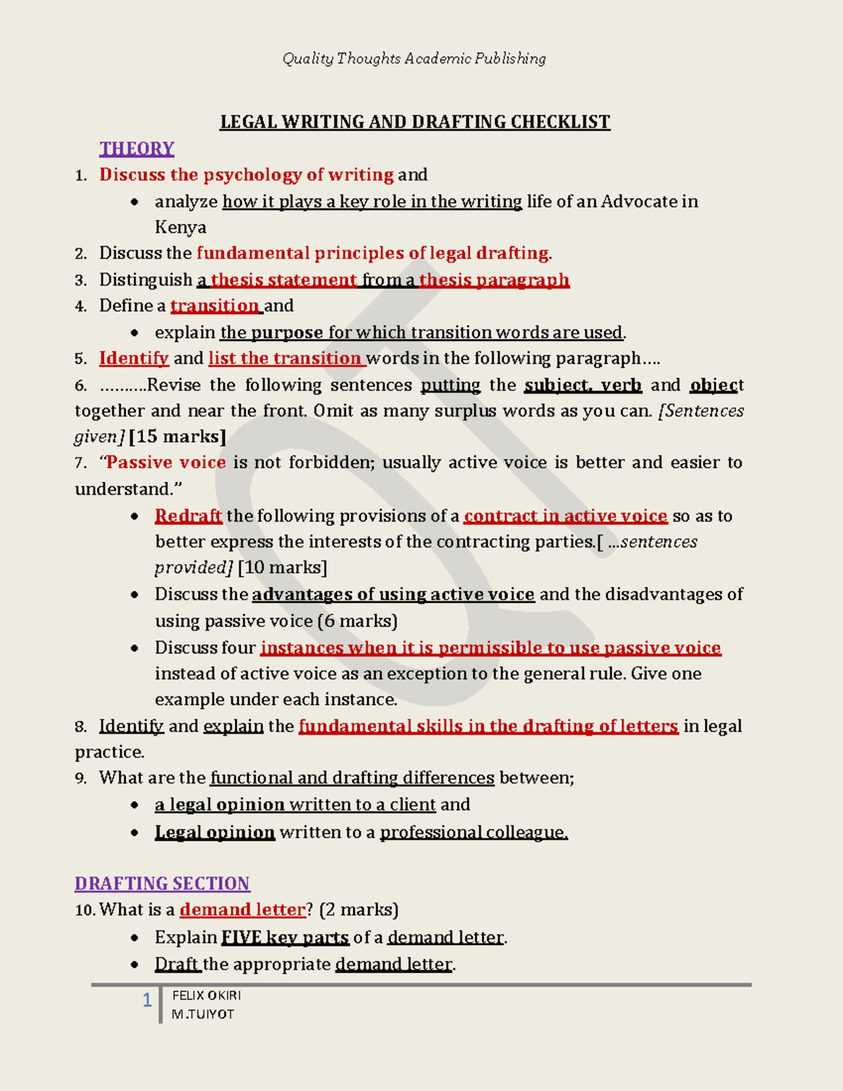 Legal Writing and Drafting: Essential Sample Qs and Checklists - Studocu