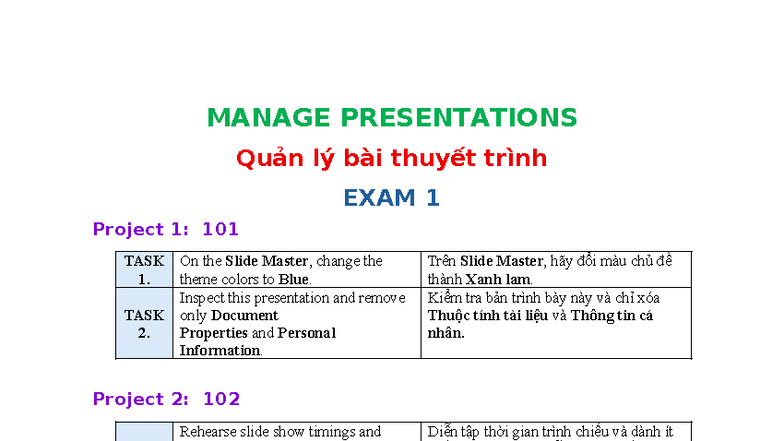 MOS PowerPoint 2019: Quản lý Bài Trình Chiếu (Gmetrix) Exam 1 & 2 Tasks ...