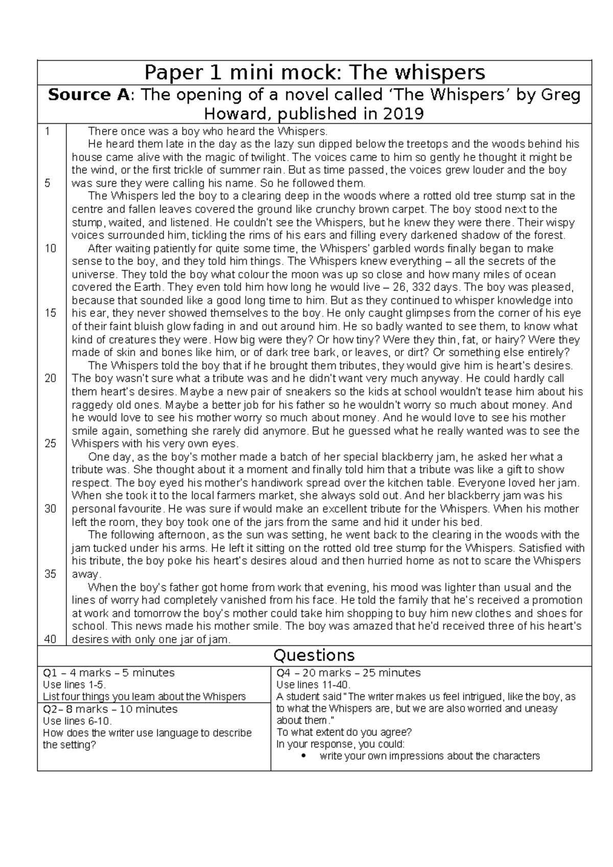 Paper 1 Mini Mocks: Short Stories Analysis and Responses - Studocu