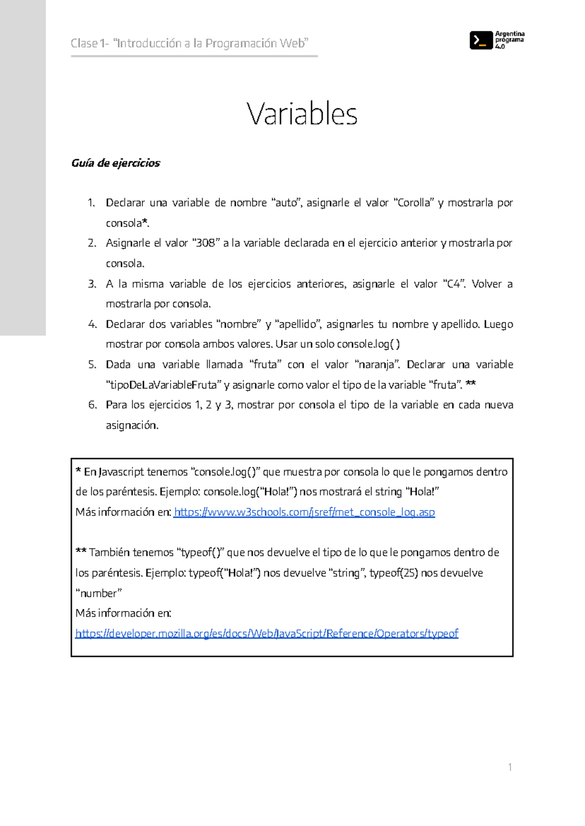 Guía de Ejercicios - Clase 1 - Introducción a Variables en Programación ...