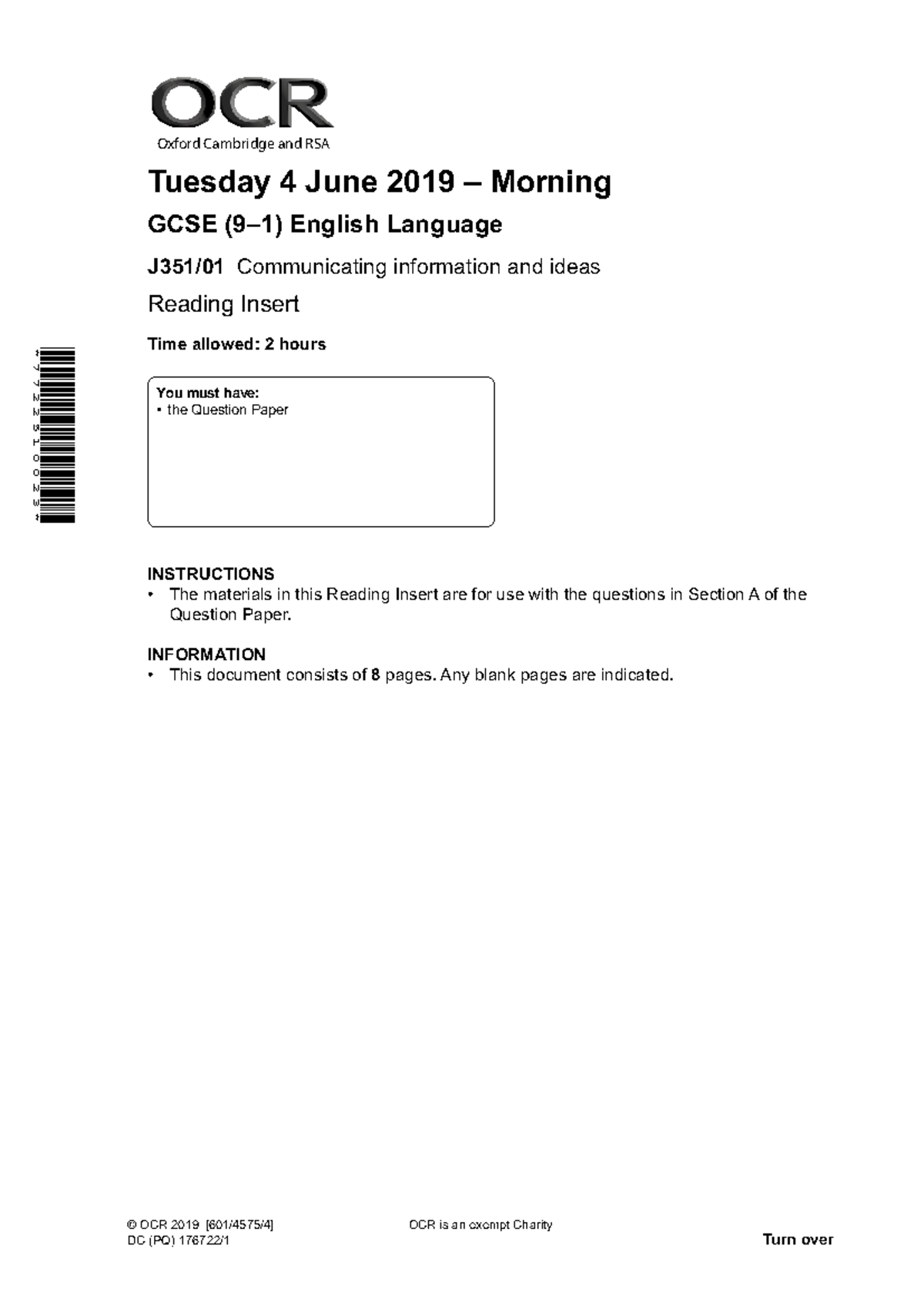 GCSE English Language Paper 1 Reading Insert - June 2019 - Studocu