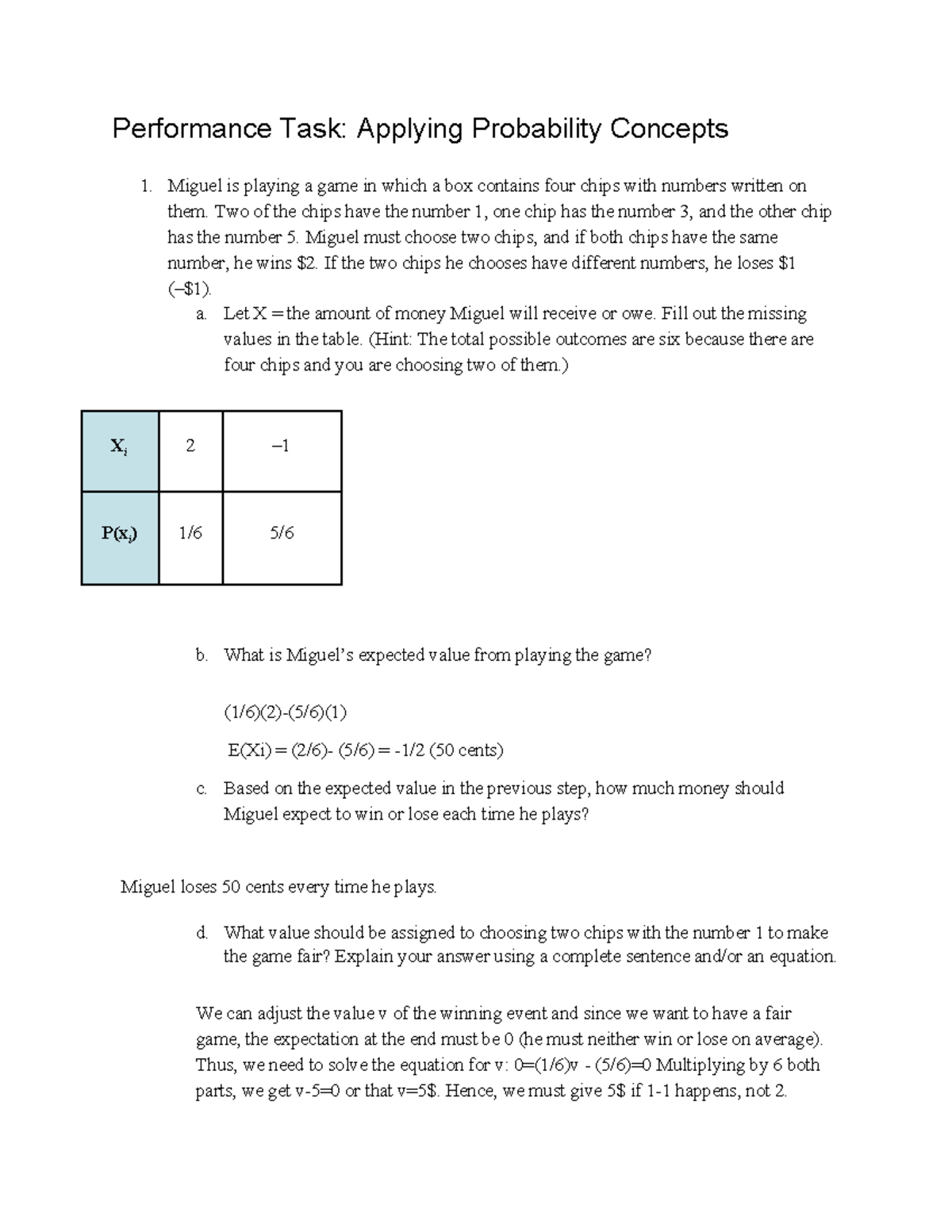 Applying Probability Concepts: Performance Task Analysis and Solutions - Studocu