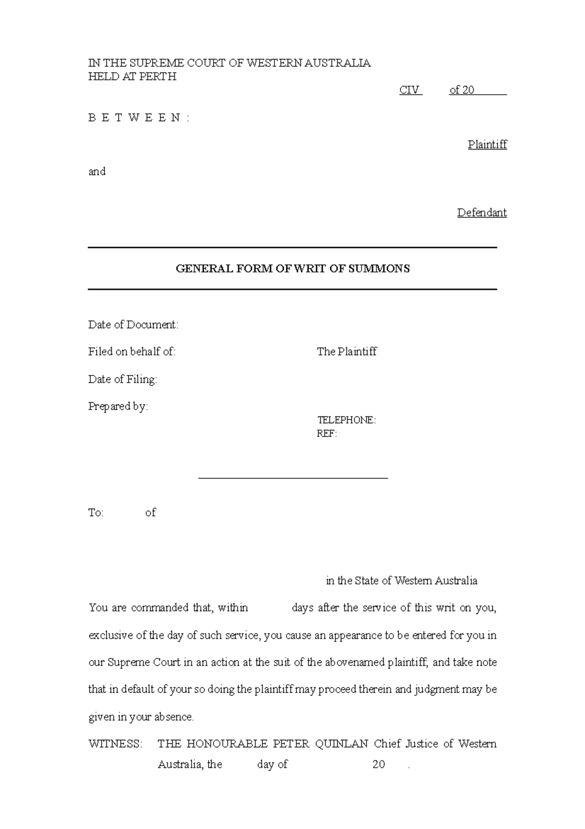 Form 1 - Writ of Summons - IN THE SUPREME COURT OF WESTERN AUSTRALIA ...