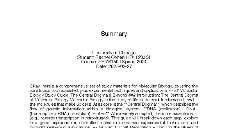 Molecular Biology Study Guide: PHYS150 Spring 2024 Overview - Studocu