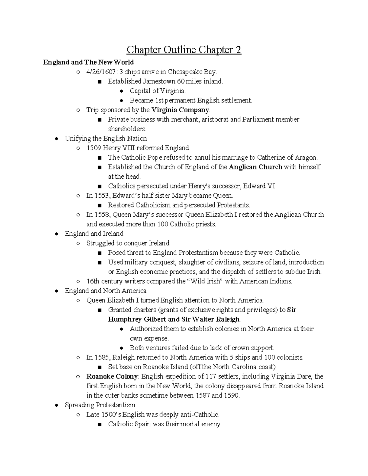 Chapter 2 Outline: England's Colonization of the New World (HIST 101 ...