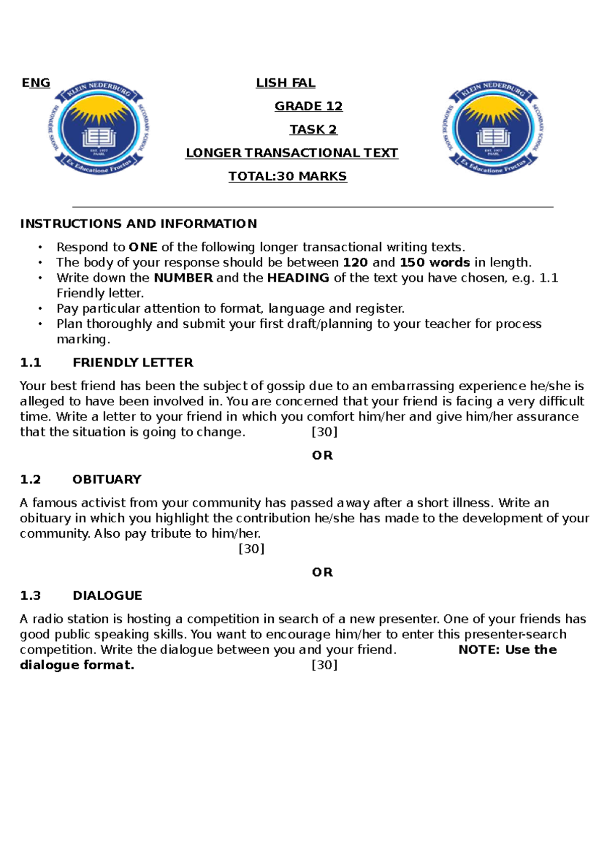 Grade 12 ENG FAL Task 2 - Longer Transactional Text Test Guide - Studocu
