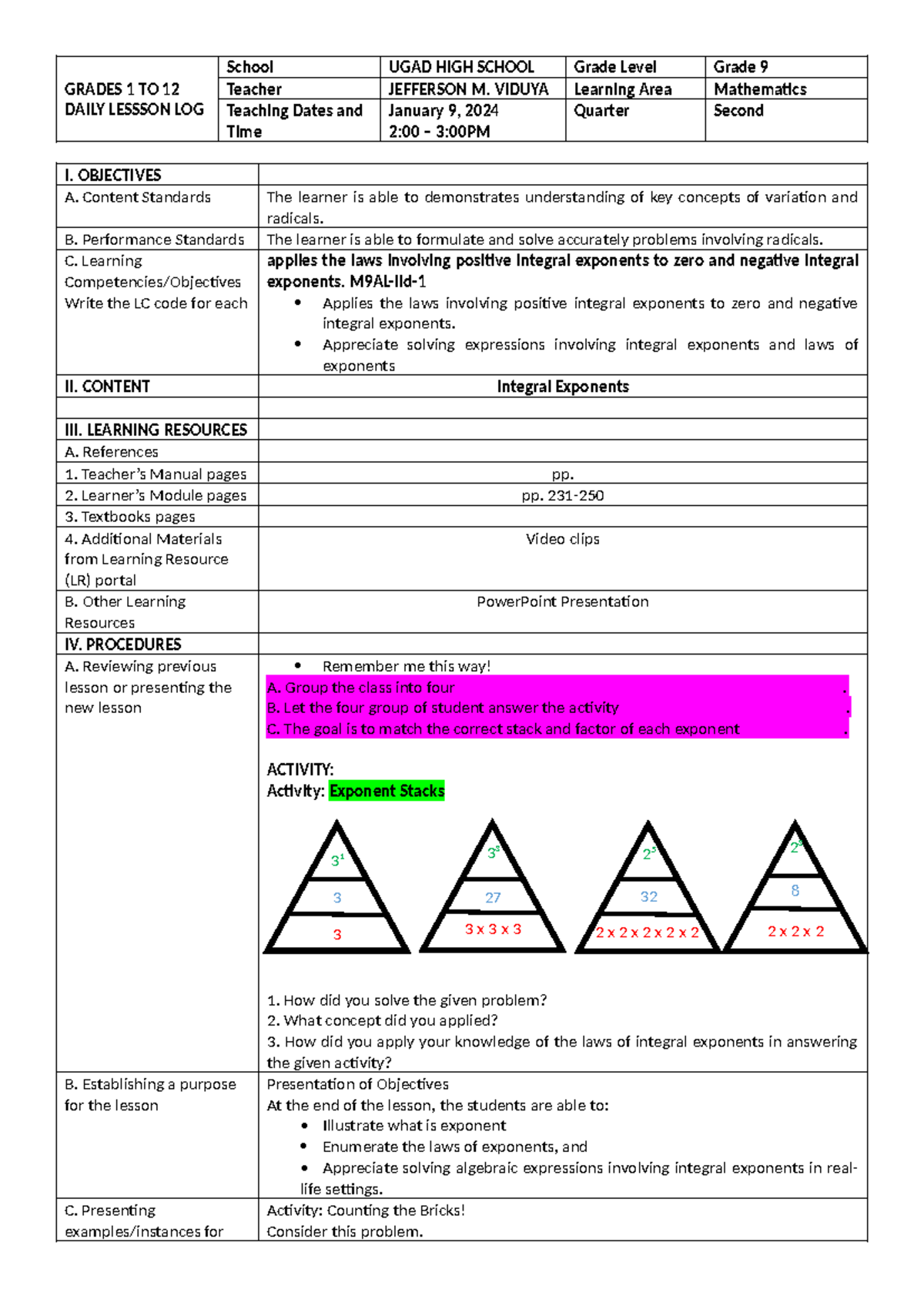 COT-MAT H-9 Exponent Laws Daily Log and Lesson Plan 2025 - Studocu