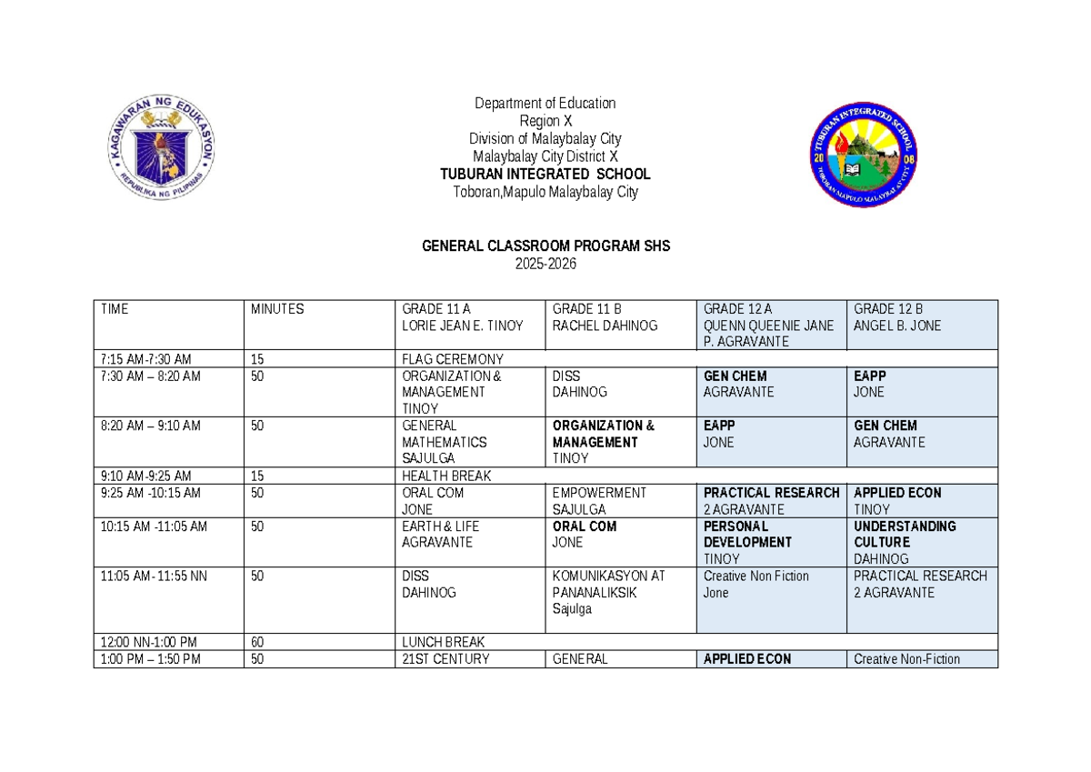 GEN CLASSROOM PROGRAM SHS GRADE 11 & 12 SCHEDULE - Studocu