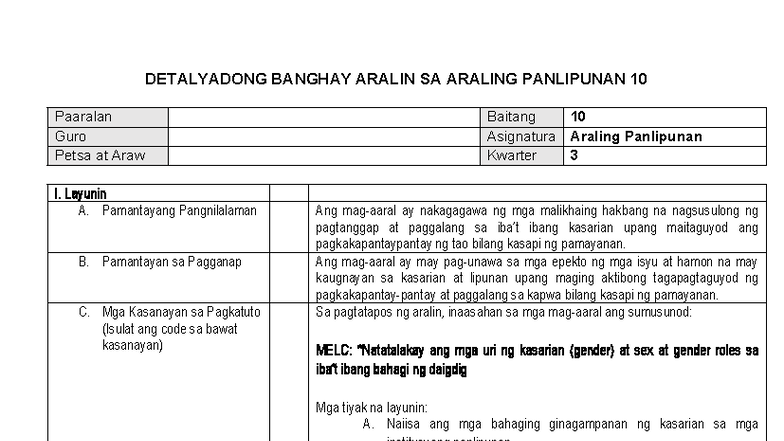 Araling Panlipunan 10: Detalyadong Banghay Aralin sa Gender Roles - Studocu