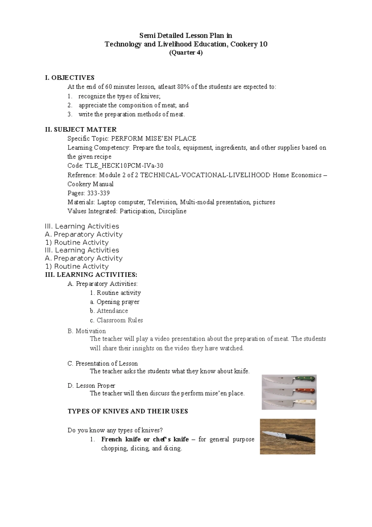 TLE_HECK10 Final Exam: Lesson Plan on Cooking Methods for Meat - Studocu