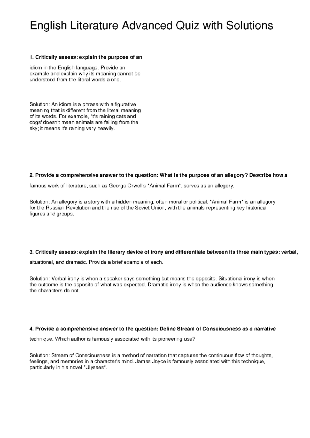 Quiz 9: English Literature Advanced Concepts & Solutions - Studocu