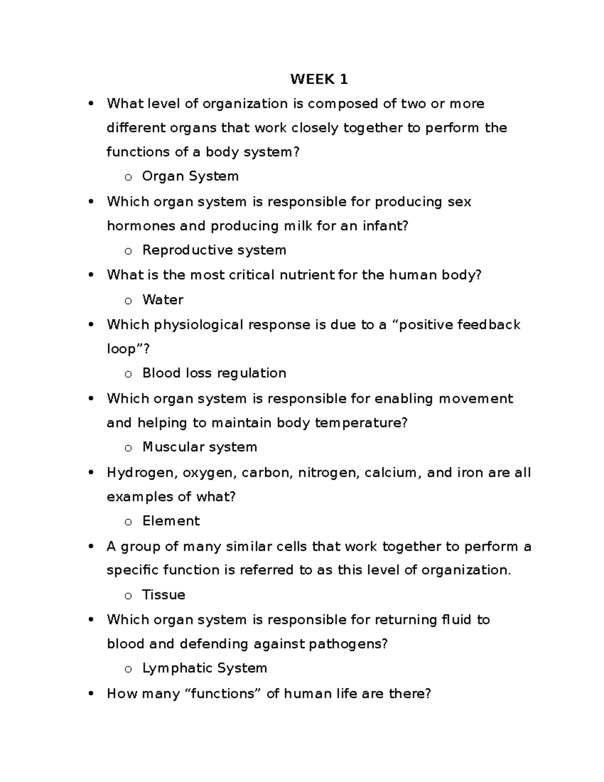 WEEK 1 Quiz Review: Key Concepts and Organ Systems Explained - Studocu