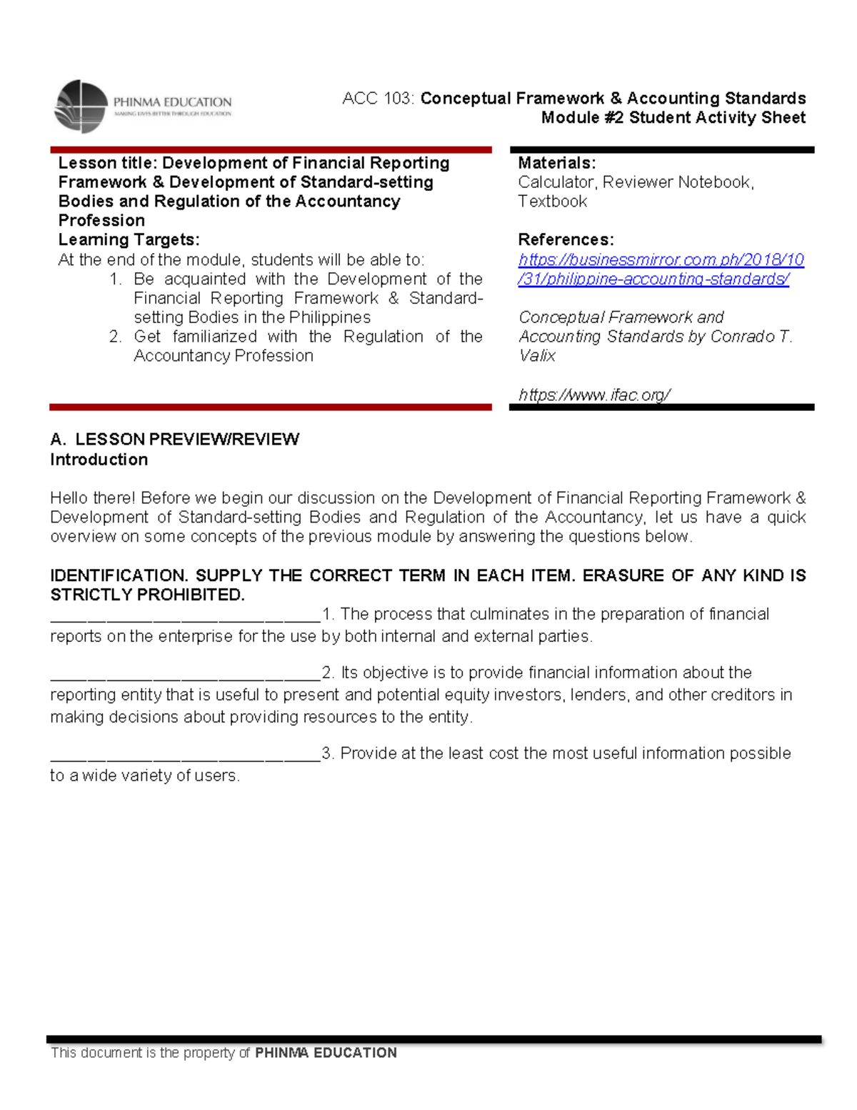 ACC 103 DAY 2 SAS - notes - Module #2 Student Activity Sheet Lesson ...