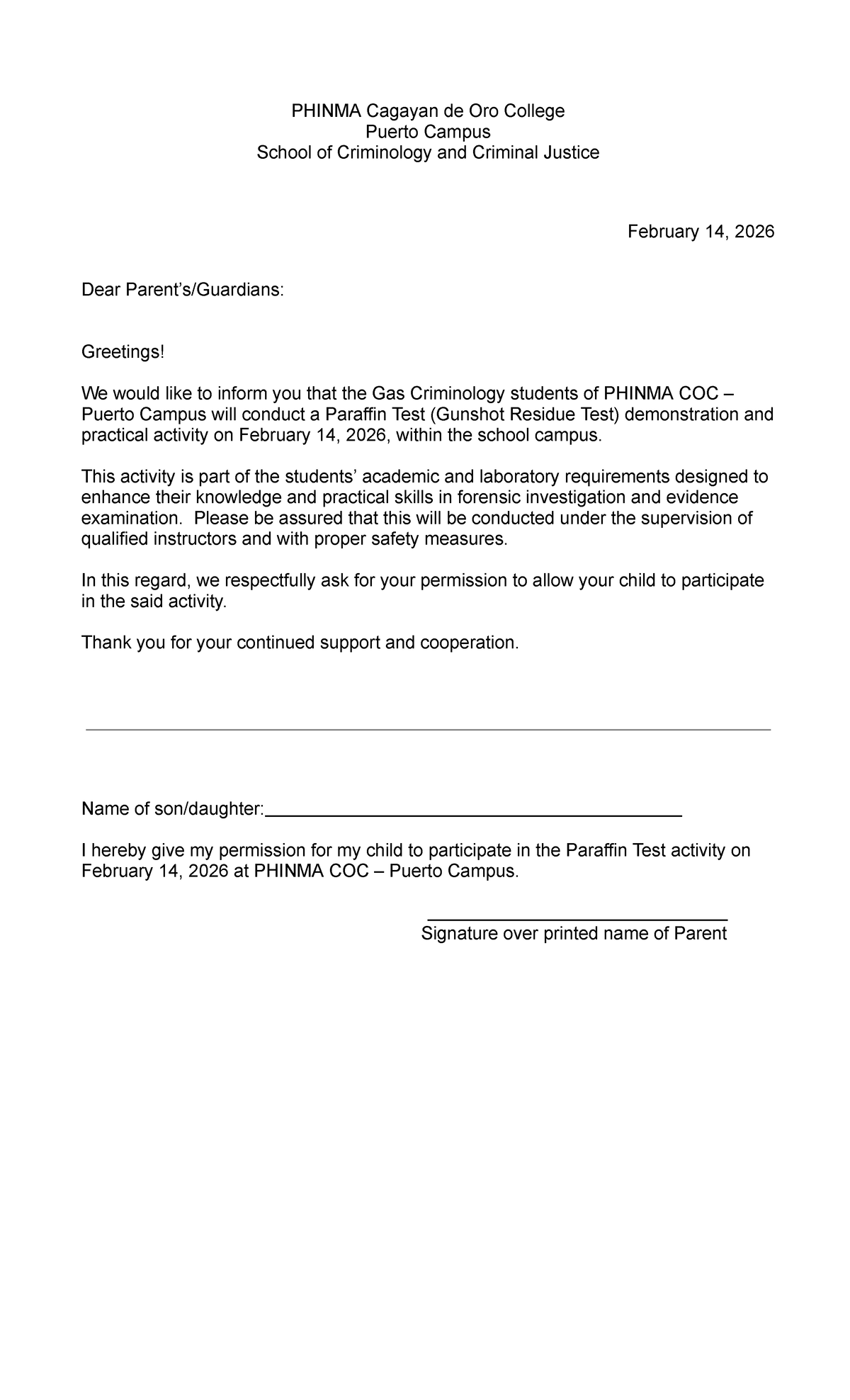 Paraffin Test Activity Consent - PFT 1 - PHINMA COC - Studocu