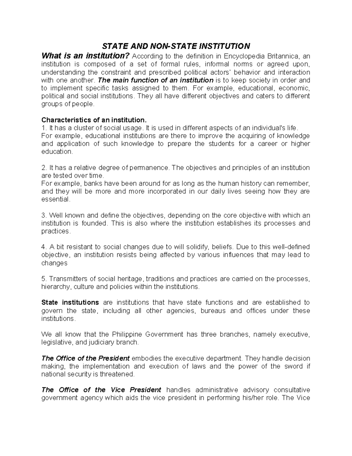 State and Non-State Institutions: Definitions and Characteristics - Studocu