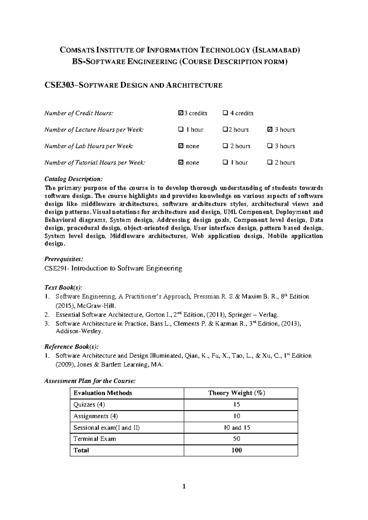 CSE303 Software Design & Architecture Course Description Form - Studocu
