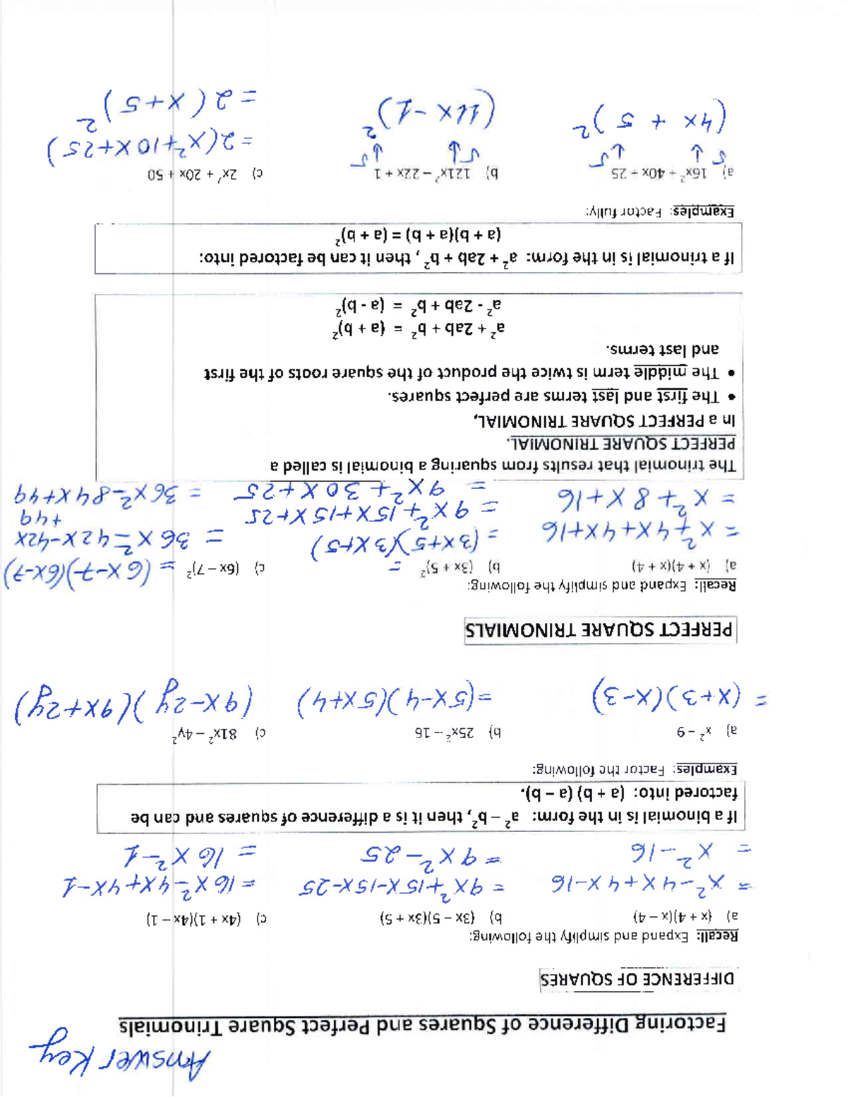 Factoring Difference of Squares and Perfect Square Answer Key - Studocu