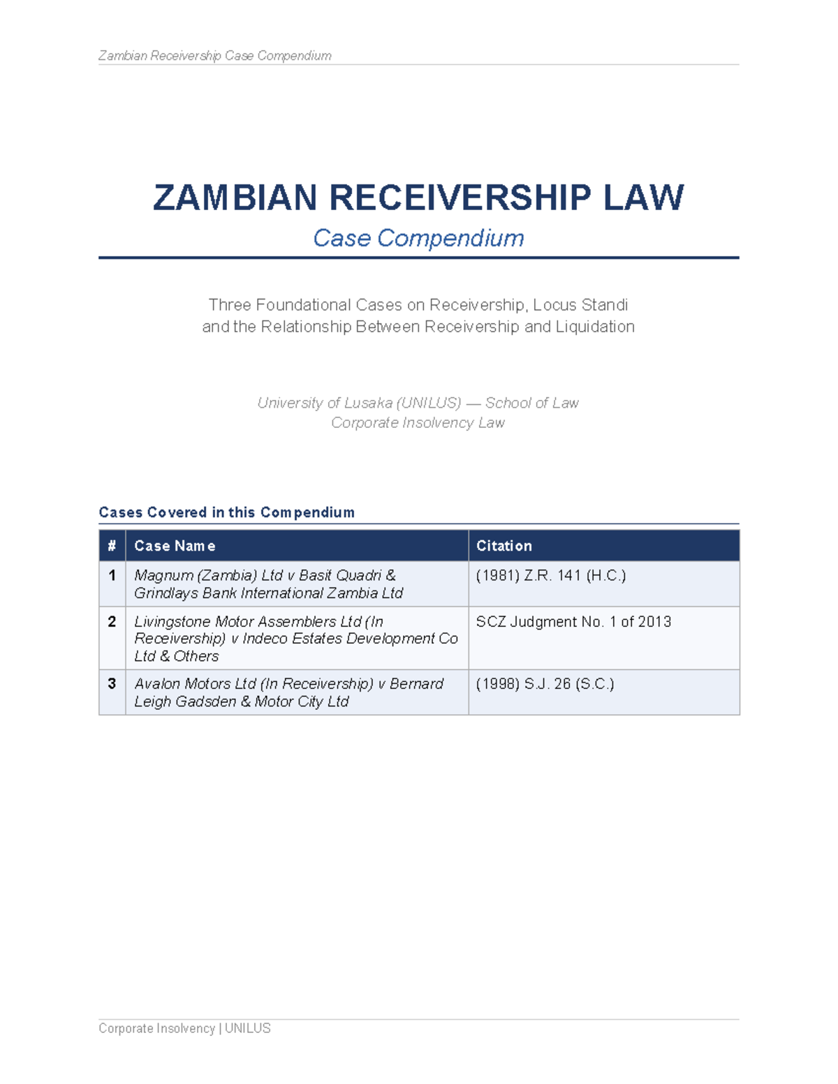 ZAMBIAN RECEIVERSHIP LAW: Foundational Cases Compendium (UNILUS) - Studocu
