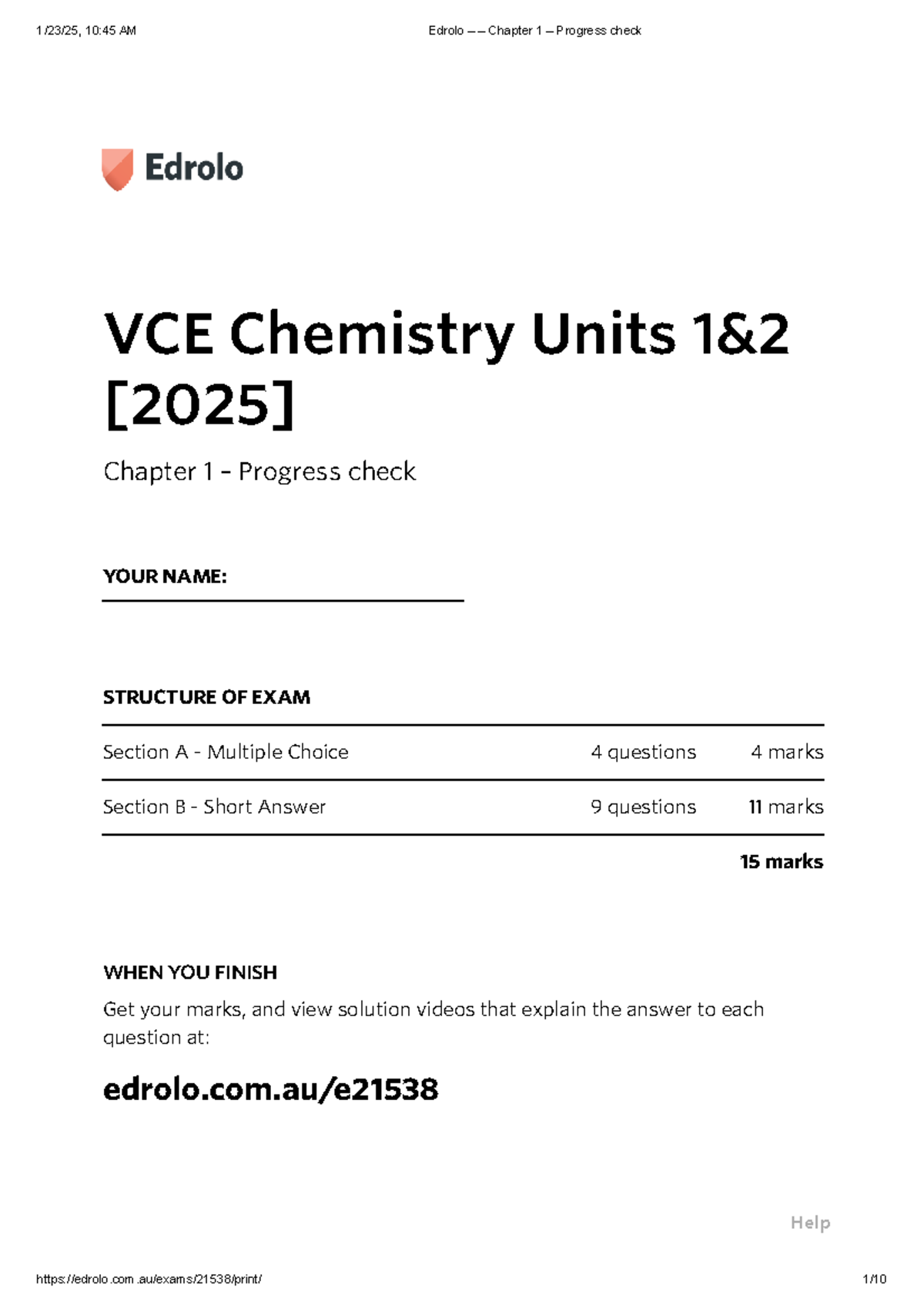 VCE Chemistry Units 10:45 AM Edrolo Chapter 1 Progress Check - Studocu