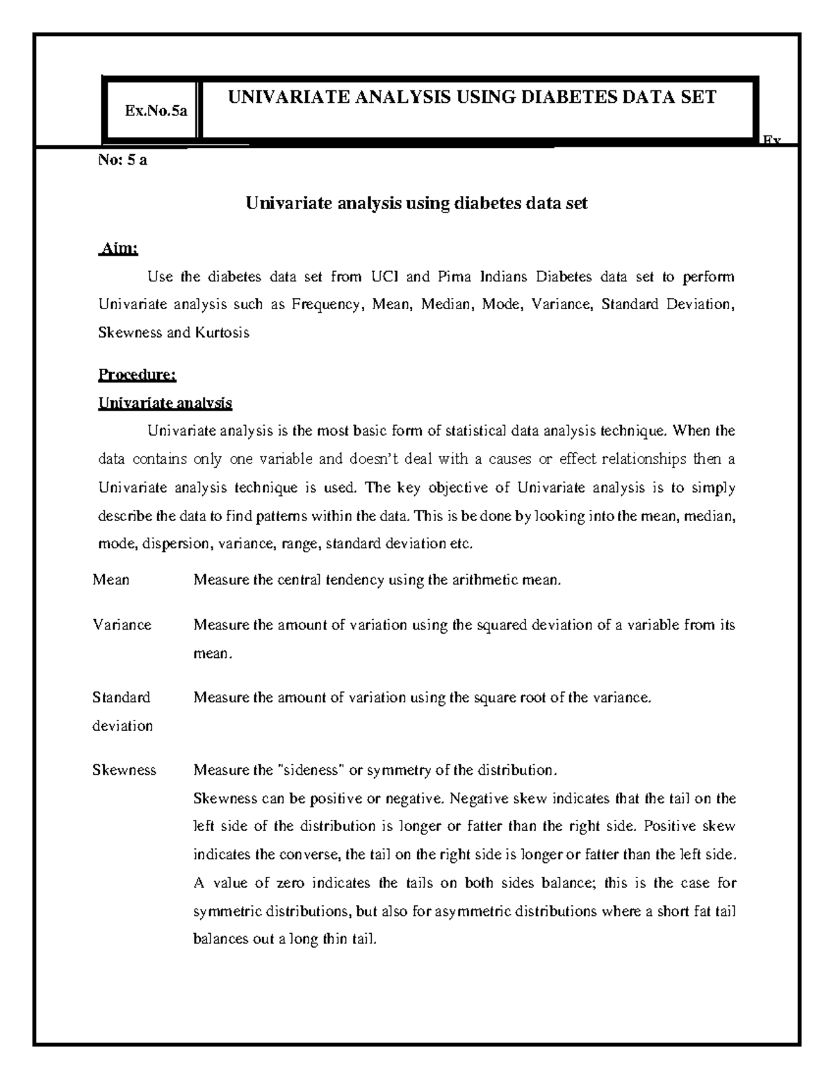 Univariate Analysis of Diabetes Dataset (Ex No: 5 Lab Manual) - Studocu
