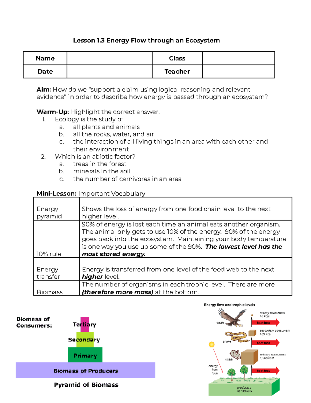 Energy Pyramids - Lesson 1 Energy Flow through an Ecosystem Name Class ...
