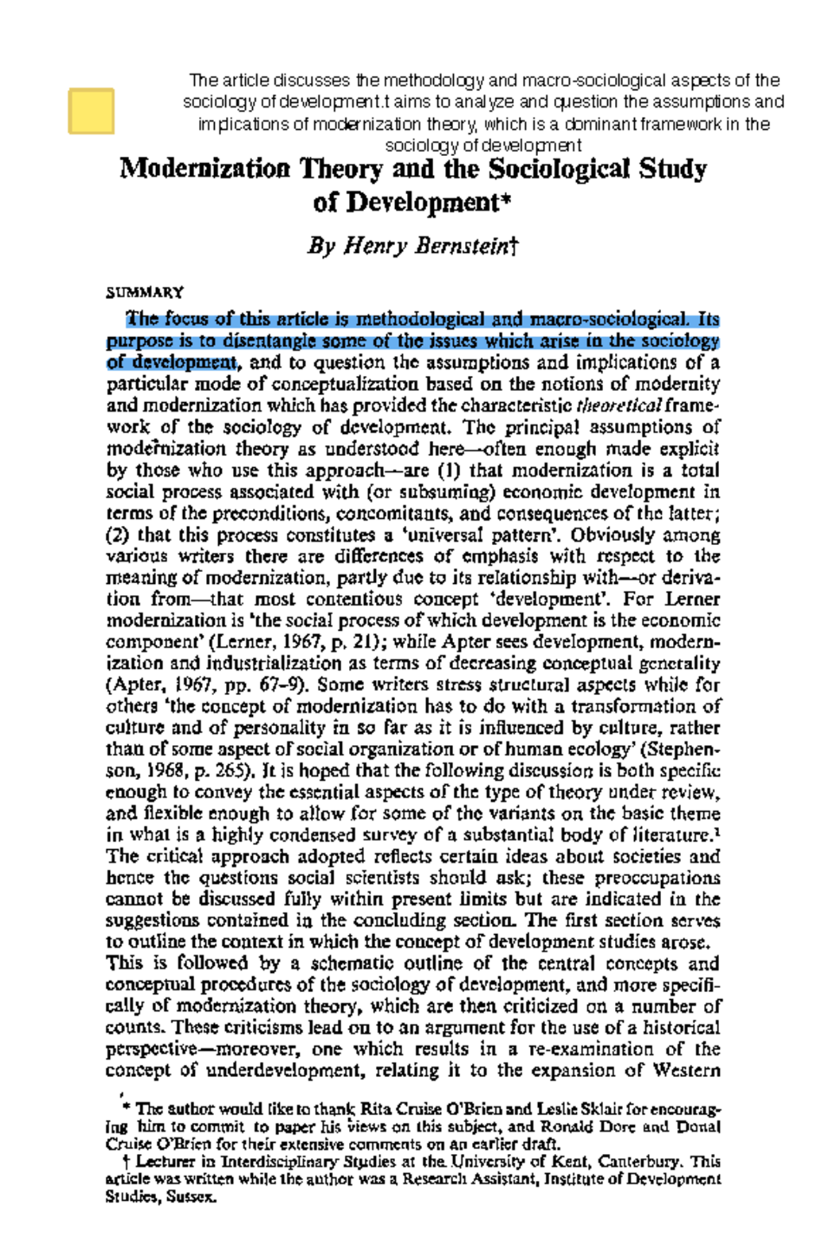 03 Bernstein, Modernization Theory - Modernization Theory and the Sociological Study of ...