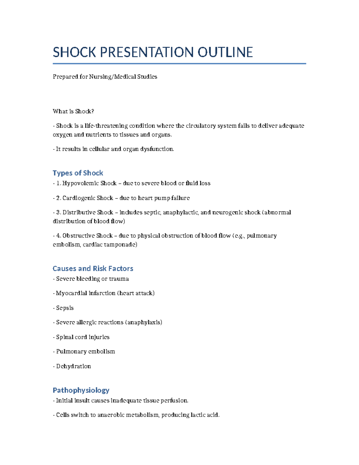 SHOCK 101: Presentation Outline for Studies on Shock Types and ...