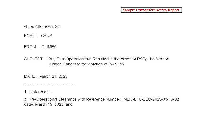 Sample Format for Sketchy Report: Operation CPNP - Arrest of PSSg ...