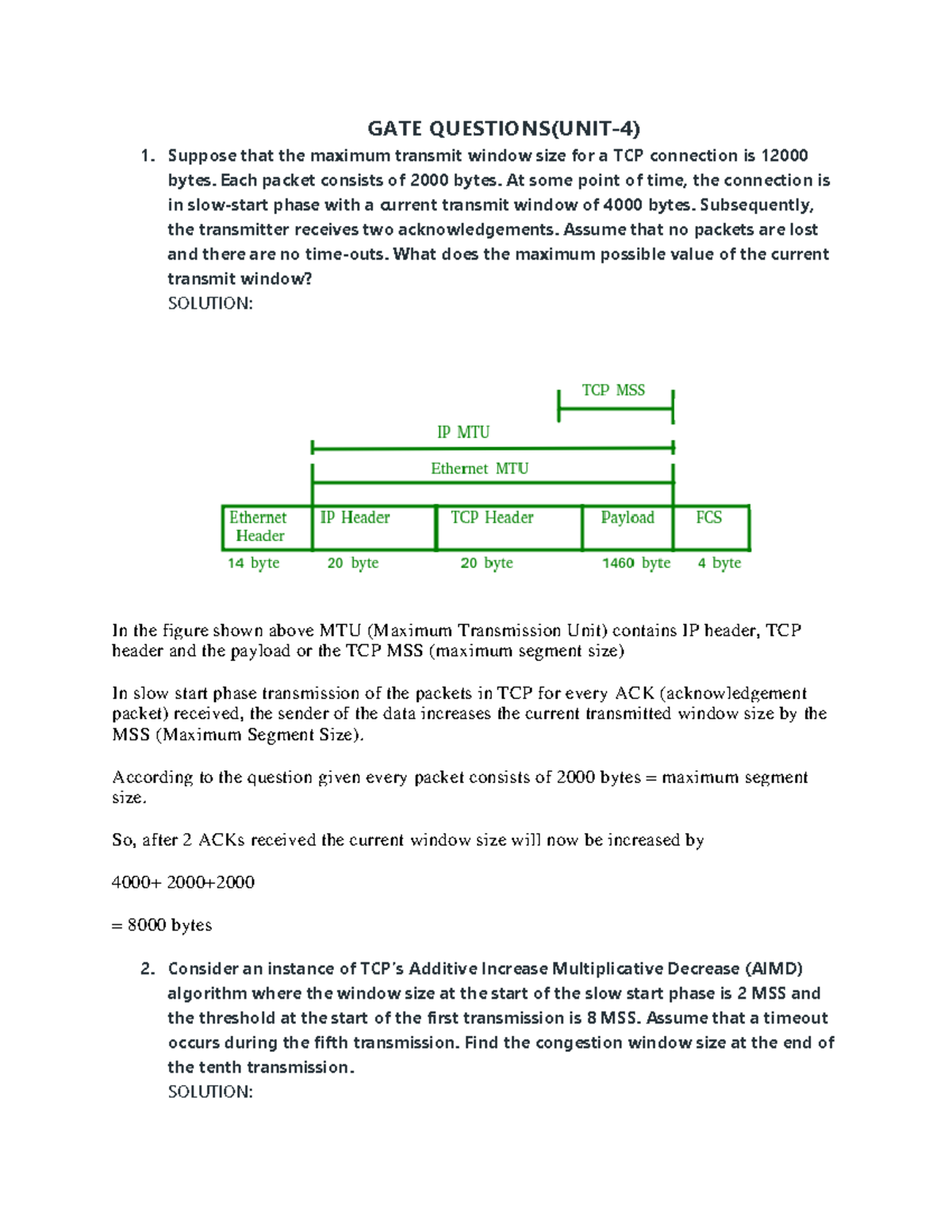 GATE Questions Unit 4: TCP Window Size and AIMD Algorithm Analysis ...