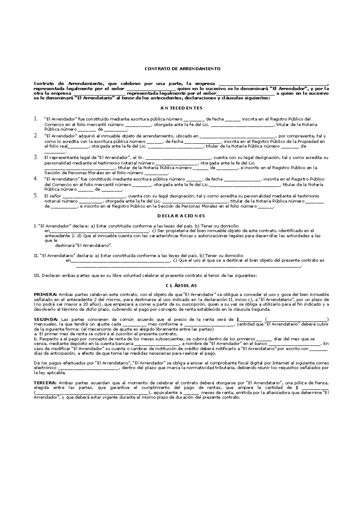 Contrato de Arrendamiento: Cláusulas y Declaraciones Esenciales - Studocu
