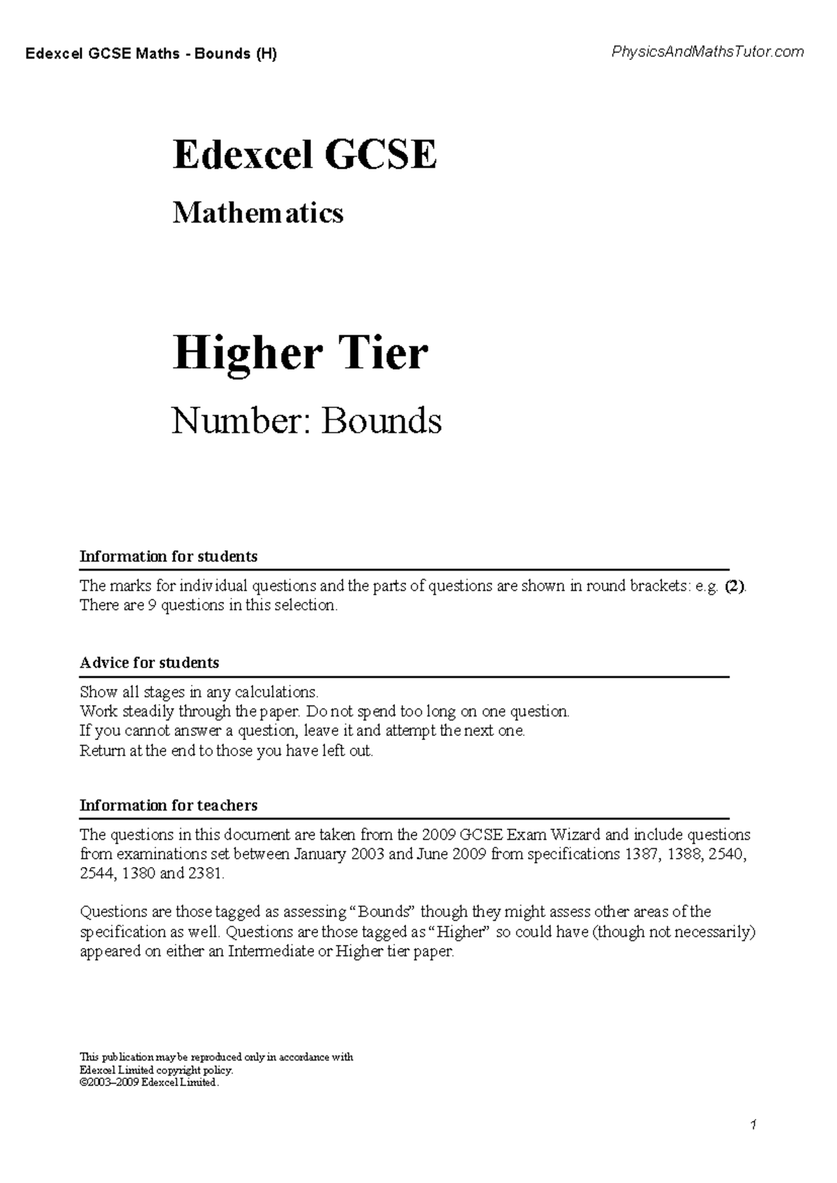 Edexcel GCSE Maths Bounds (H) - Final Practice Questions - Studocu