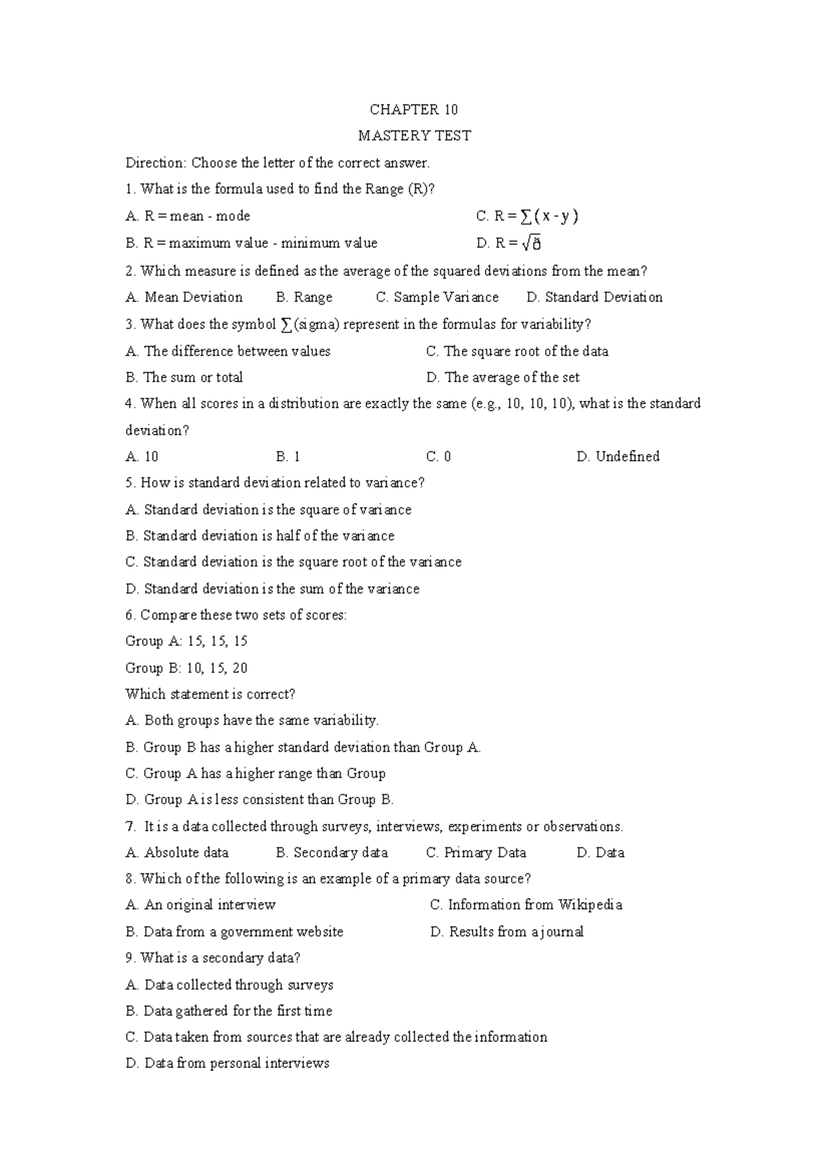 CHAPTER 10 MASTERY TEST REVIEWER FOR LESSONS - Studocu