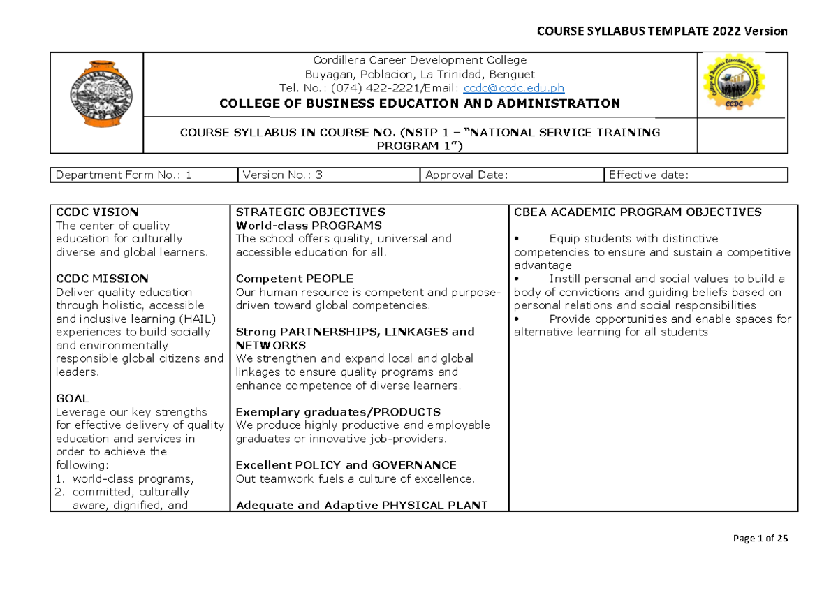 Syllabus for NSTP 1: National Service Training Program 2022 Version ...