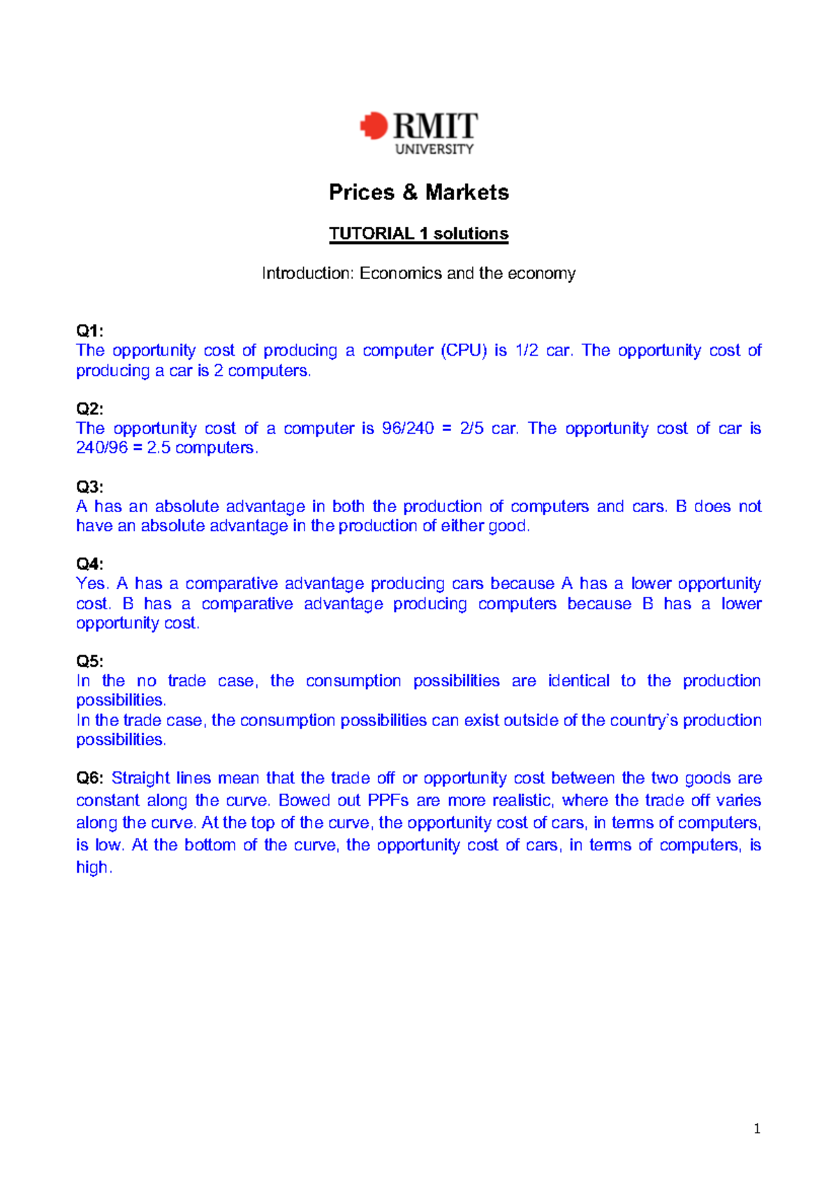 Tutorial 1 solutions - Prices & Markets TUTORIAL 1 solutions ...